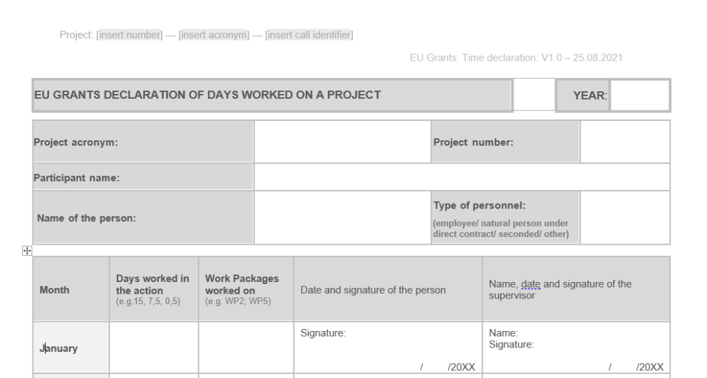 Where can I find the time sheet template for Horizon Europe?