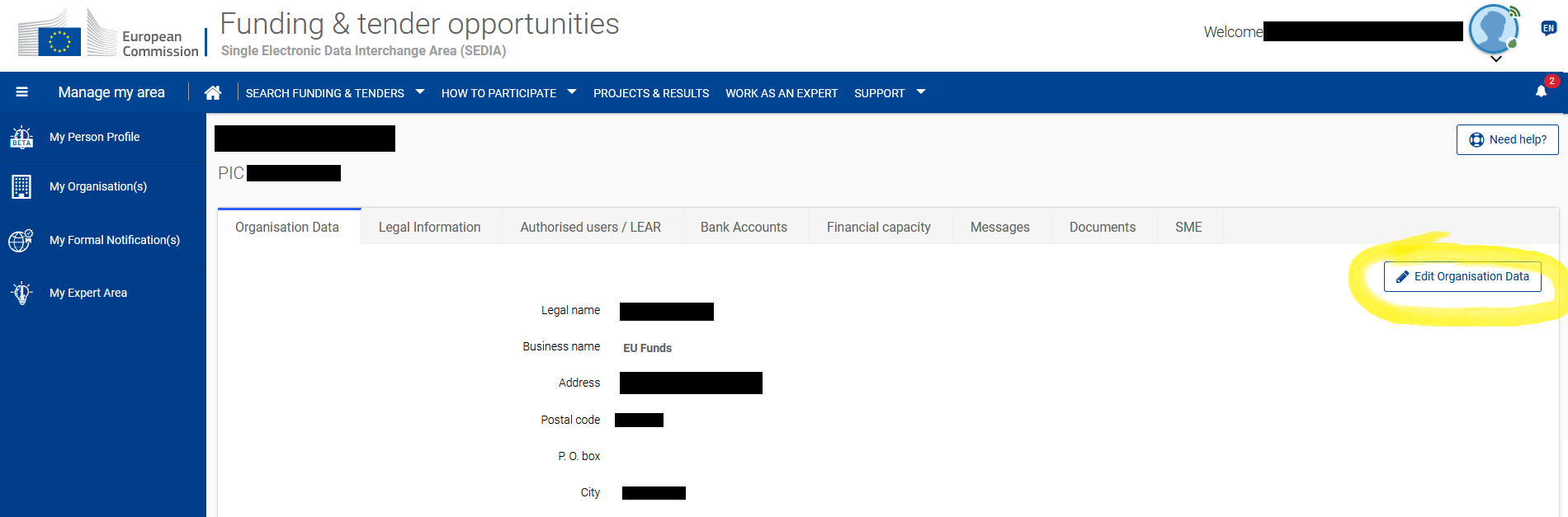 How to change your organisation's address in the Funding & Tenders Portal?
